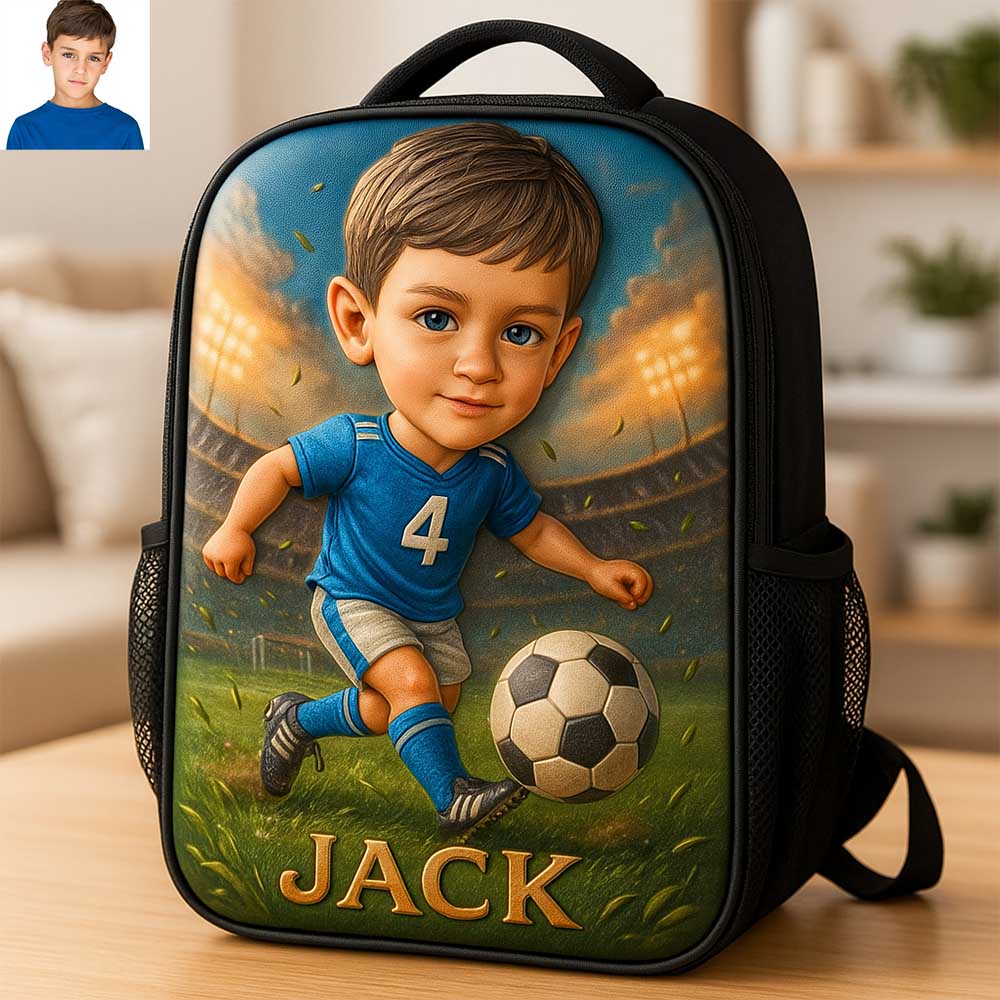 Personalized Kids Football Player Cartoon Photo Themed School Bag Personalized Kids Football Player Cartoon Photo Themed School Bag